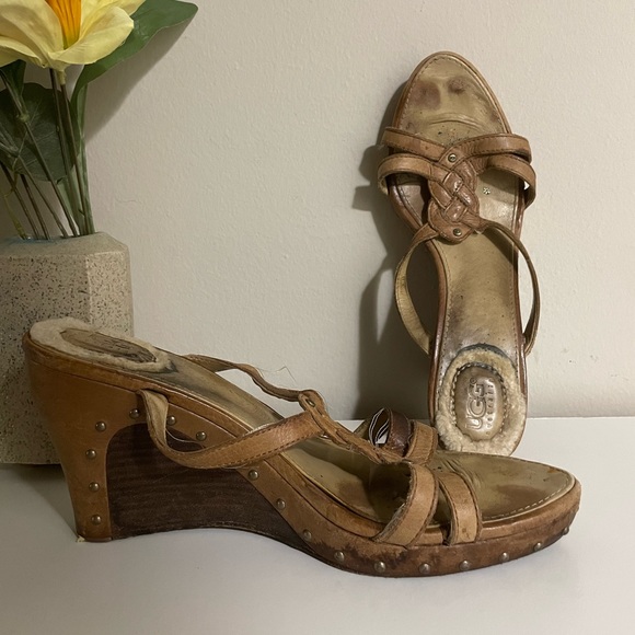 UGG | Shoes | Ugg Wedge Heel Sandals Wood Leather And Fur From Y2k ...